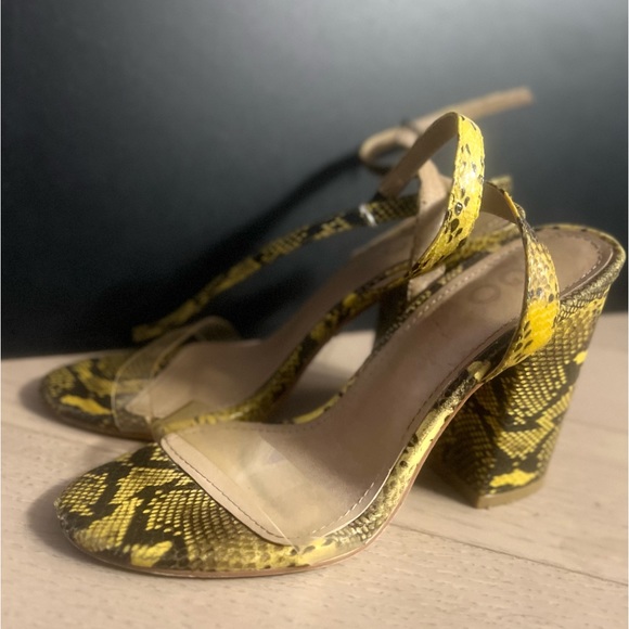 EGO | Shoes | Yellow And Black Snakeskin Strap Block Heel | Poshmark